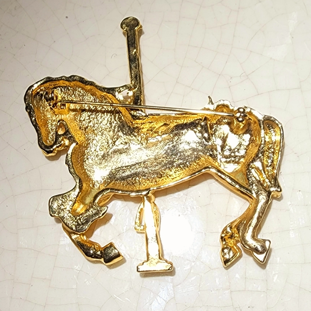 Large Golden Carnival Carousel Horse Brooch - Gem